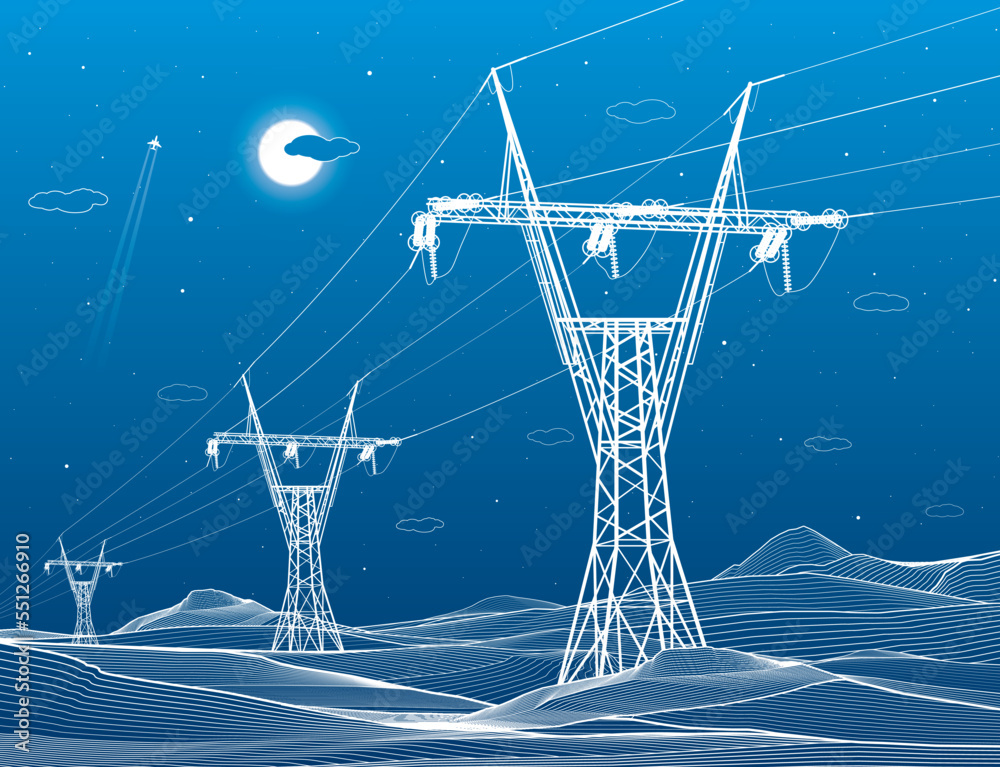 High voltage transmission systems. Electric pole. Power lines. A ...