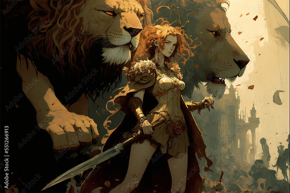 Female Warrior stands with her two giant pet lion, character design, concept art, digital ...
