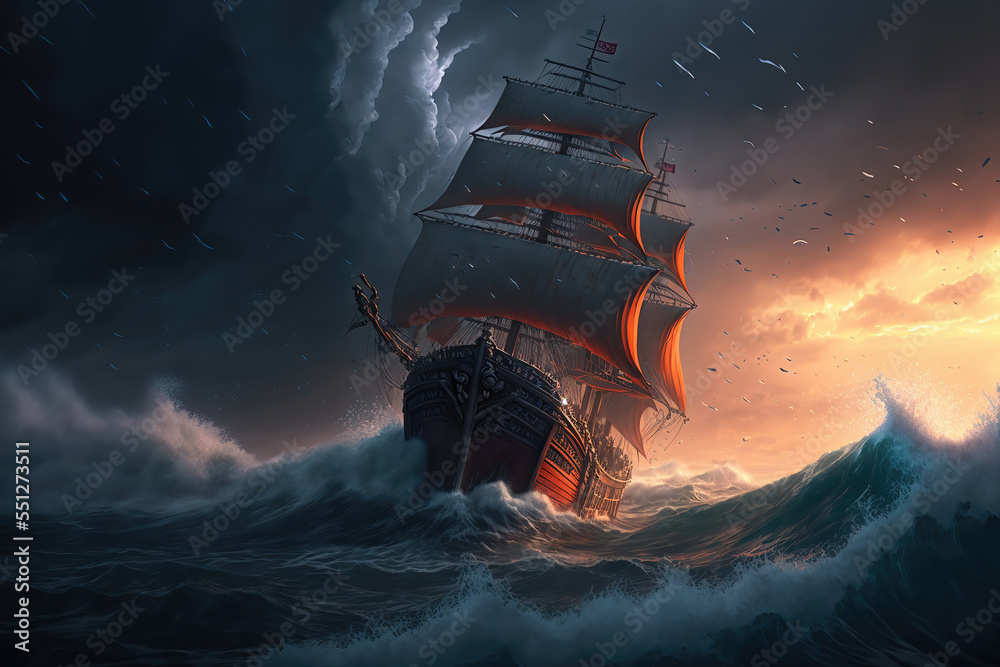 AI generated image of an ocean sailing ship in distress, struggling to ...