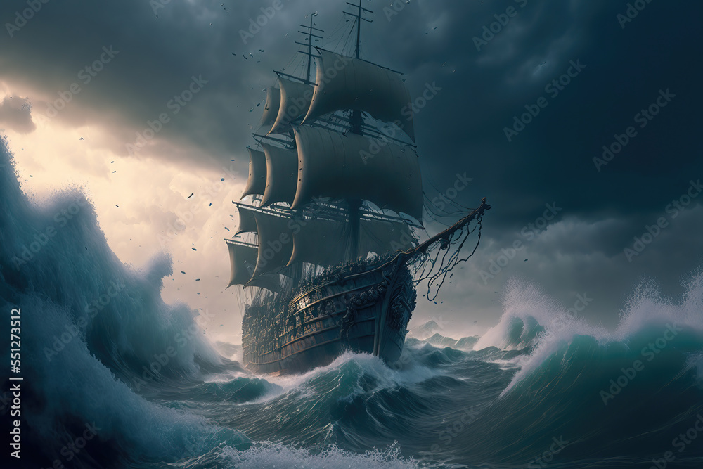 AI generated image of an ocean sailing ship in distress, struggling to ...
