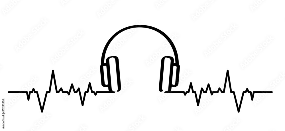 Heartbeat wave. headphones, headsets line pattern sign. For music or ...