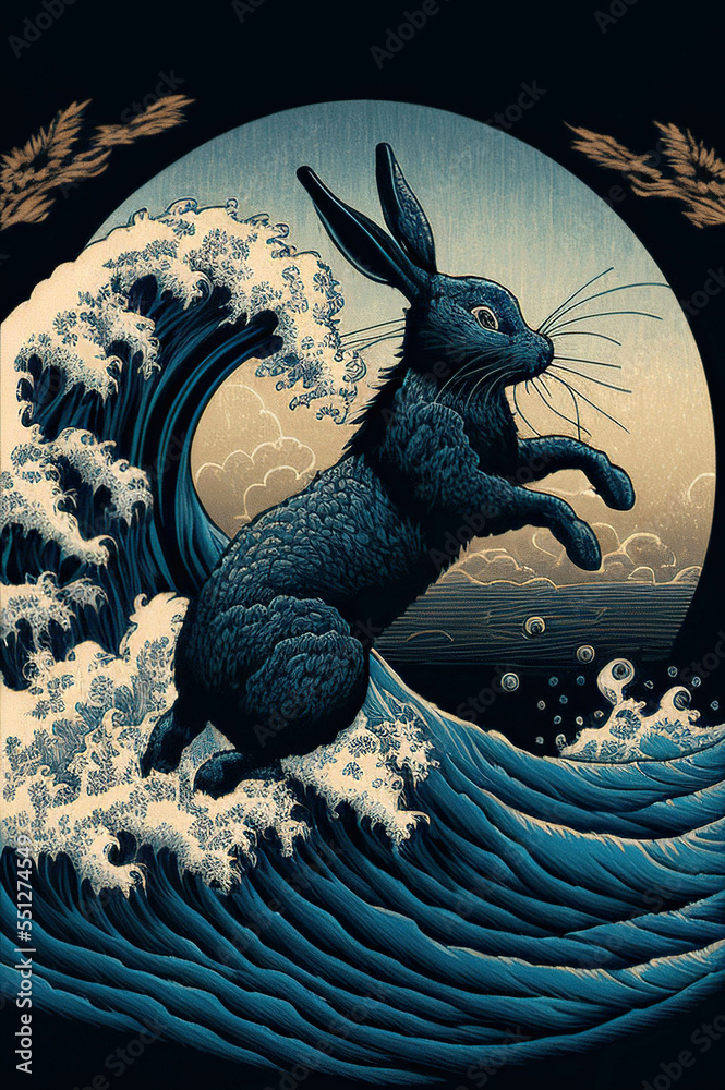 Black rabbit jumping on the great wave, black water rabbit, Hokusai ...
