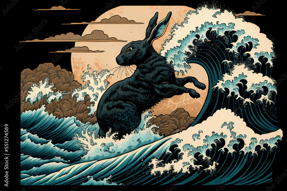 Black rabbit on the great wave, black water rabbit, the sun and clouds ...