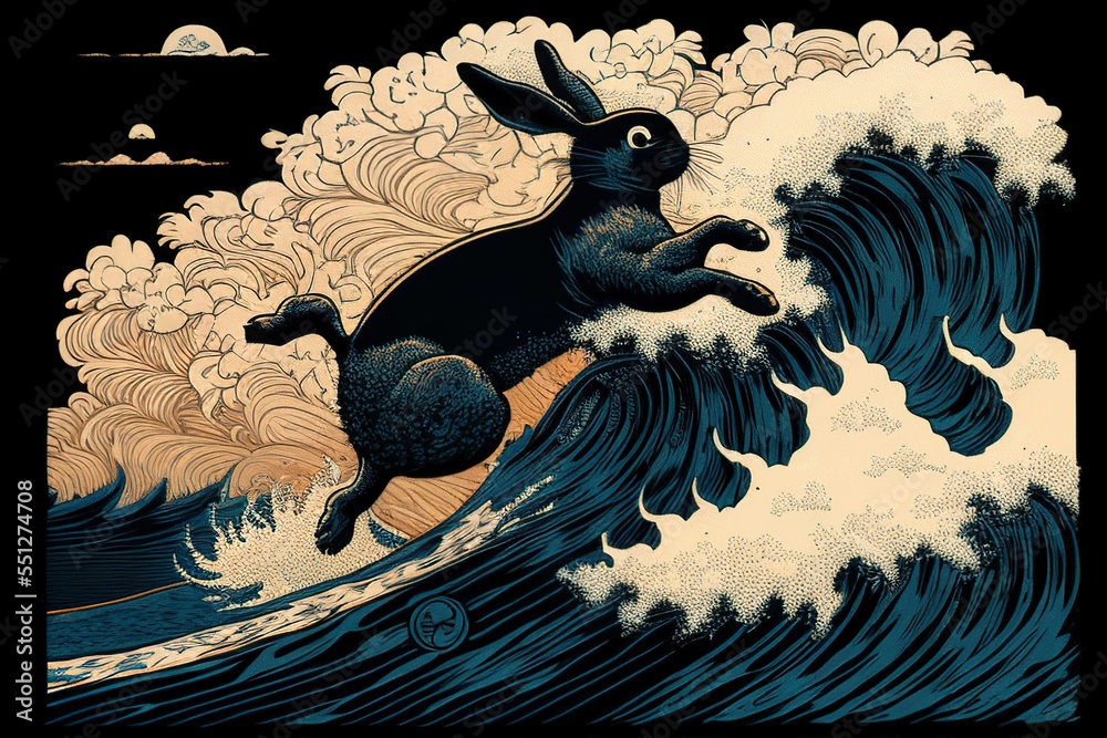 Black rabbit on the great wave, black water rabbit, Hokusai style, AI ...