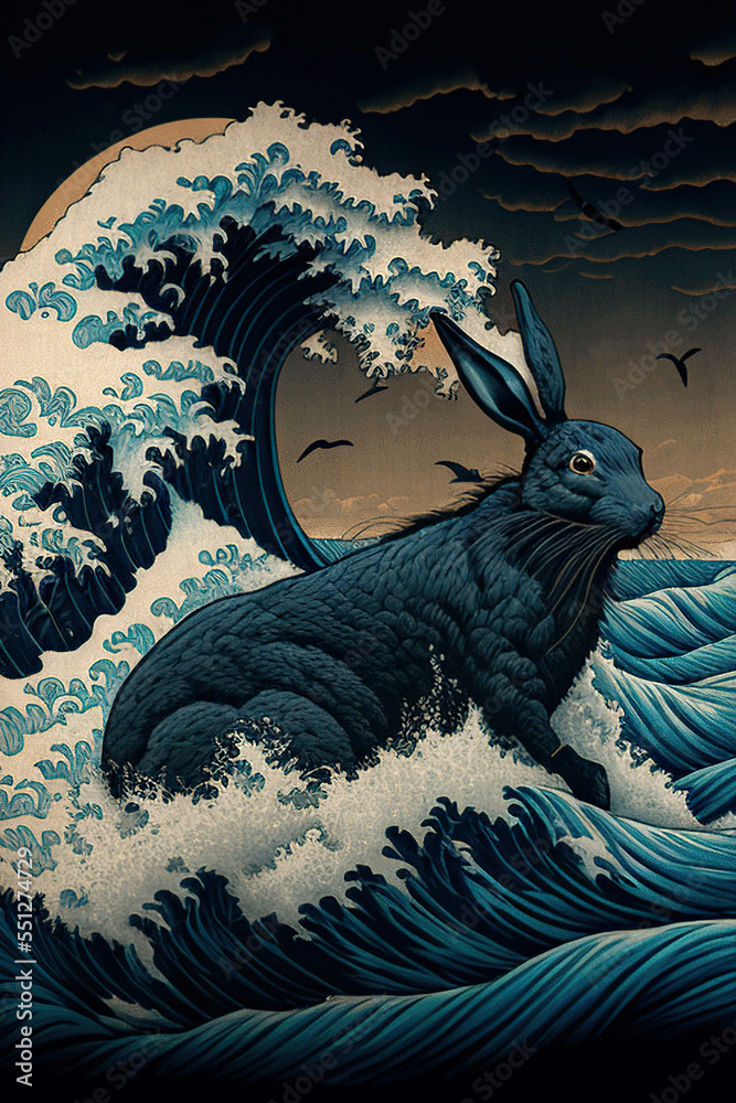 Black rabbit on the great wave, black water rabbit, sky and birds ...