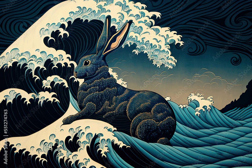 Black rabbit on the wave, black water rabbit, Hokusai painting style ...