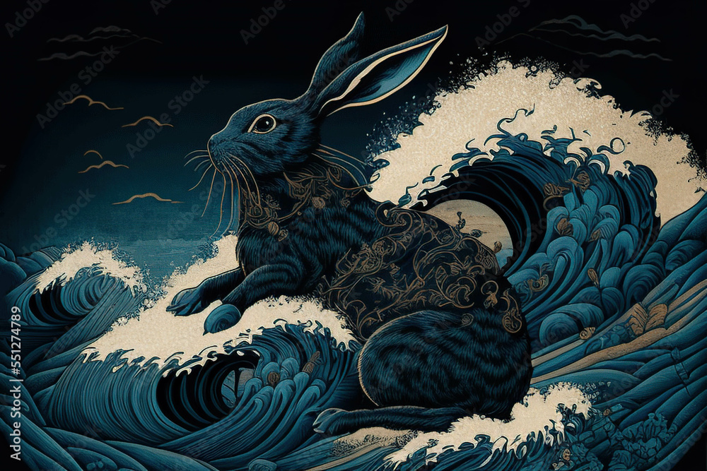 Black rabbit in the waves, black water rabbit, Hokusai painting style ...