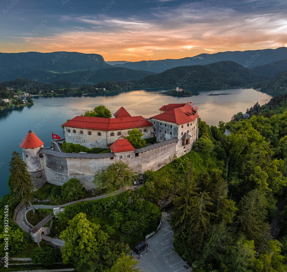 Bled, Slovenia - Aerial panoramic view of beautiful Bled Castle ...