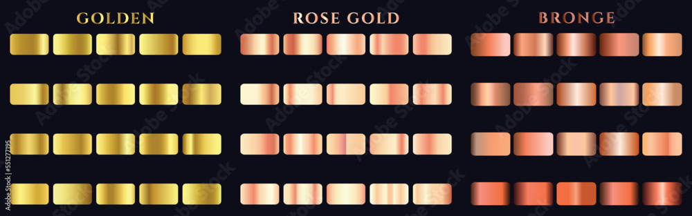 Set of gold, rose gold and bronze gradients. Metallic gradients ...