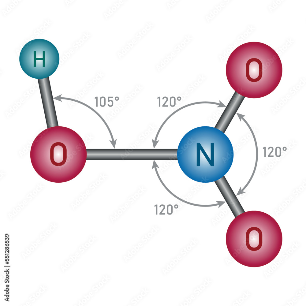 The molecular structure of nitric acid (HNO3). Scientific vector ...