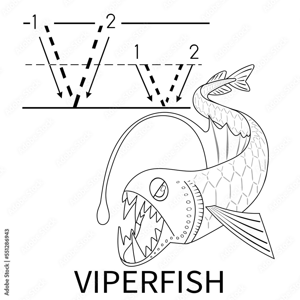 Cute Sea Animal Alphabet Series. V is for Viperfish. Vector cartoon ...