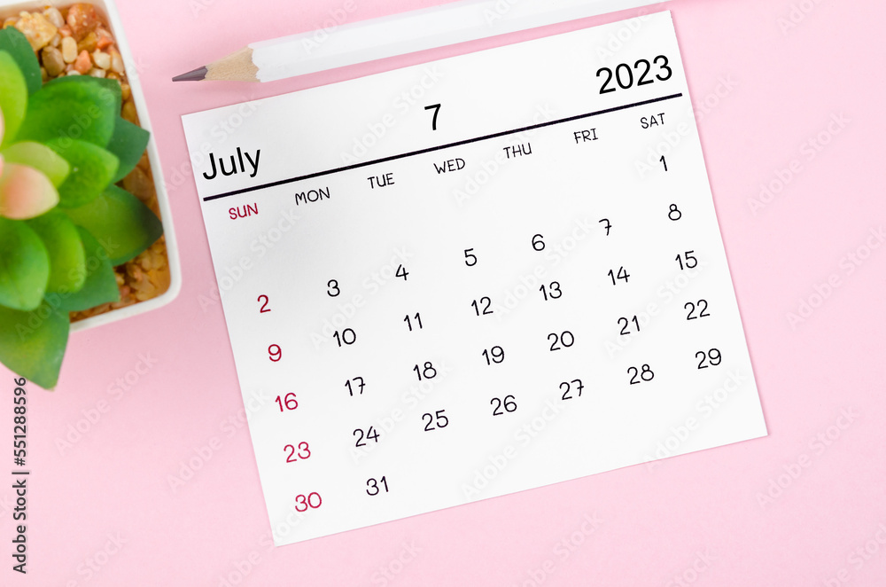 The July 2023 Monthly calendar for 2023 year on pink background. Stock ...