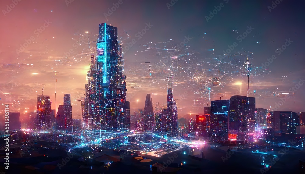 Raster illustration of the night modern city. Cyberpunk, buildings ...