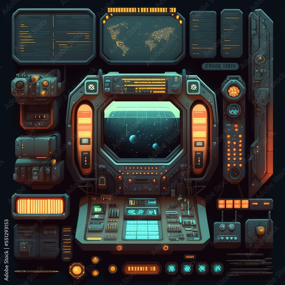 spaceship interior in space with control panel digital screens. Stock ...