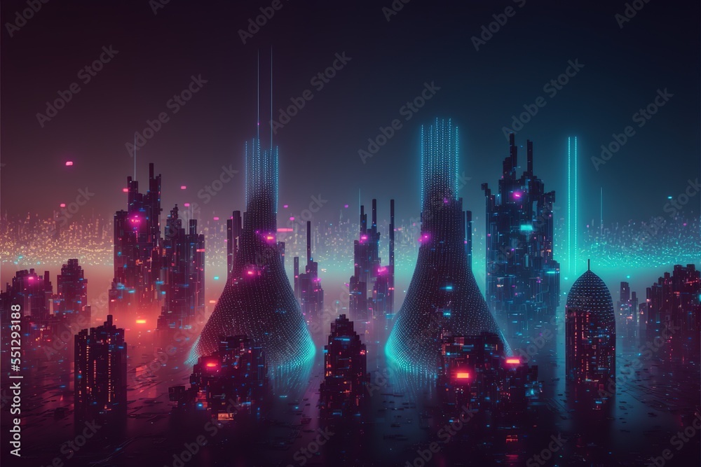 Raster illustration of the night modern city. Cyberpunk, buildings ...