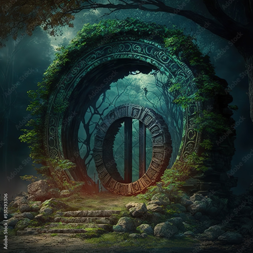 Raster illustration of a portal in the clearing in the forest ...