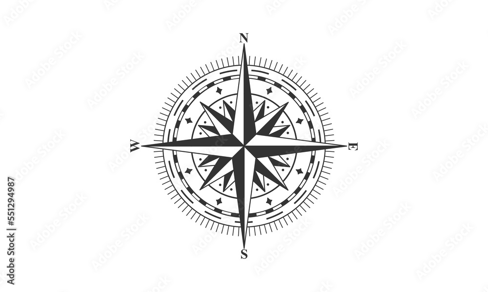 Wind rose illustration. Nautical compass icon isolated on white ...