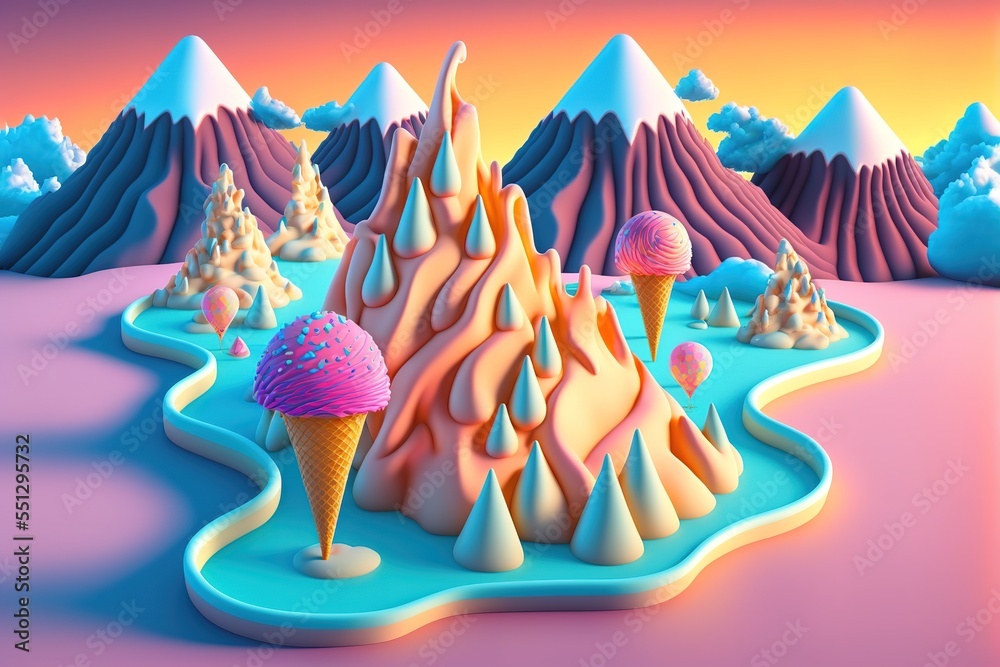 ice cream land landscape. Cartoon game background. 3d vector ...