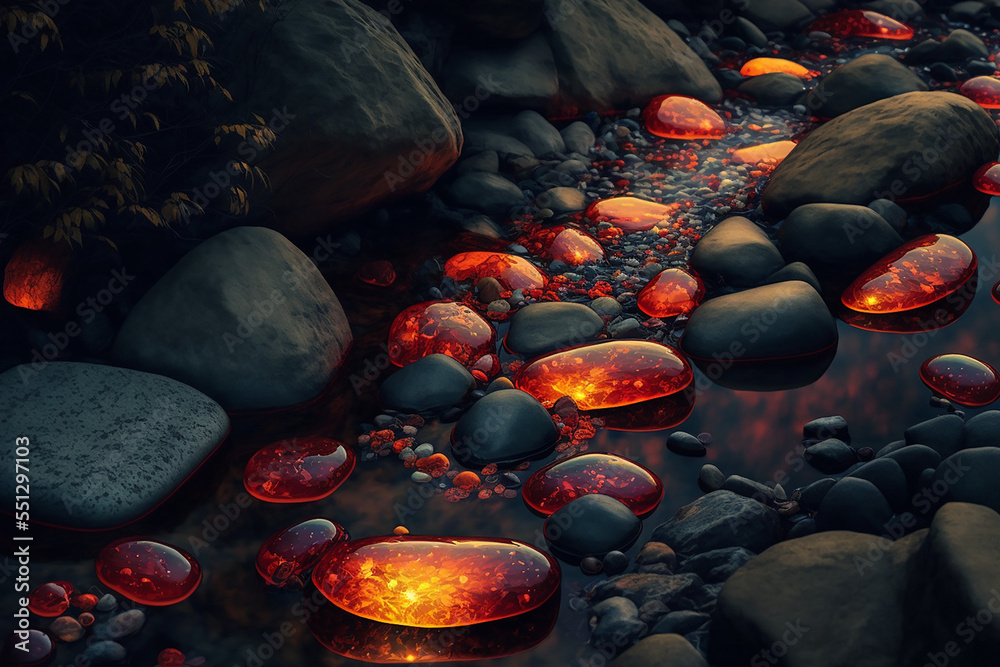 Beautiful transparent stone in a mountain stream, red color, closeup ...