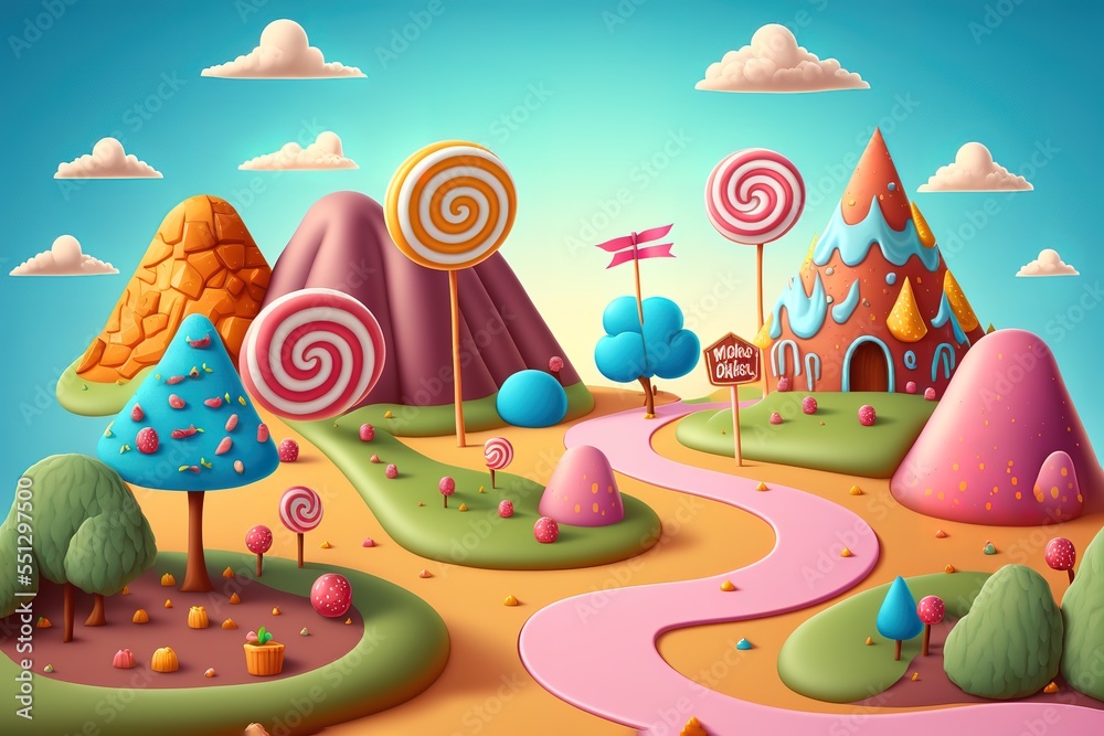 Sweet candy land. Cartoon game background. 3d vector illustration ...
