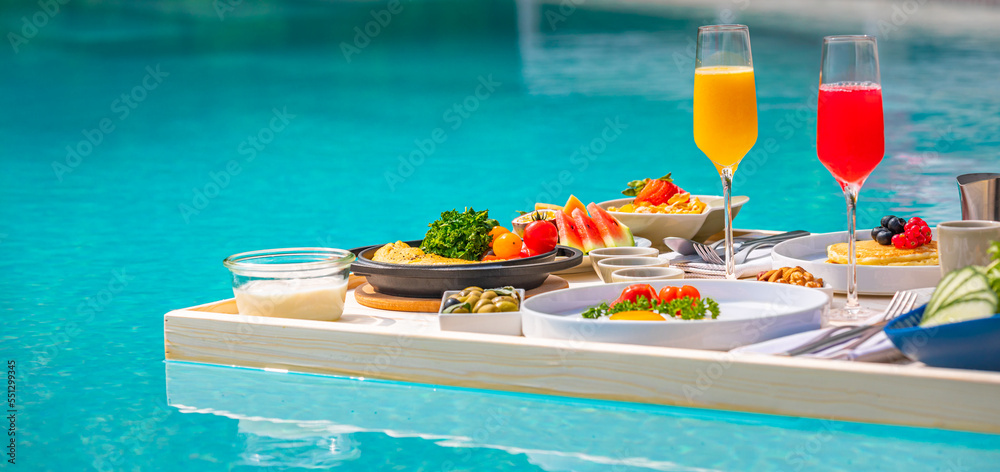 Breakfast in swimming pool, floating breakfast in luxurious tropical ...