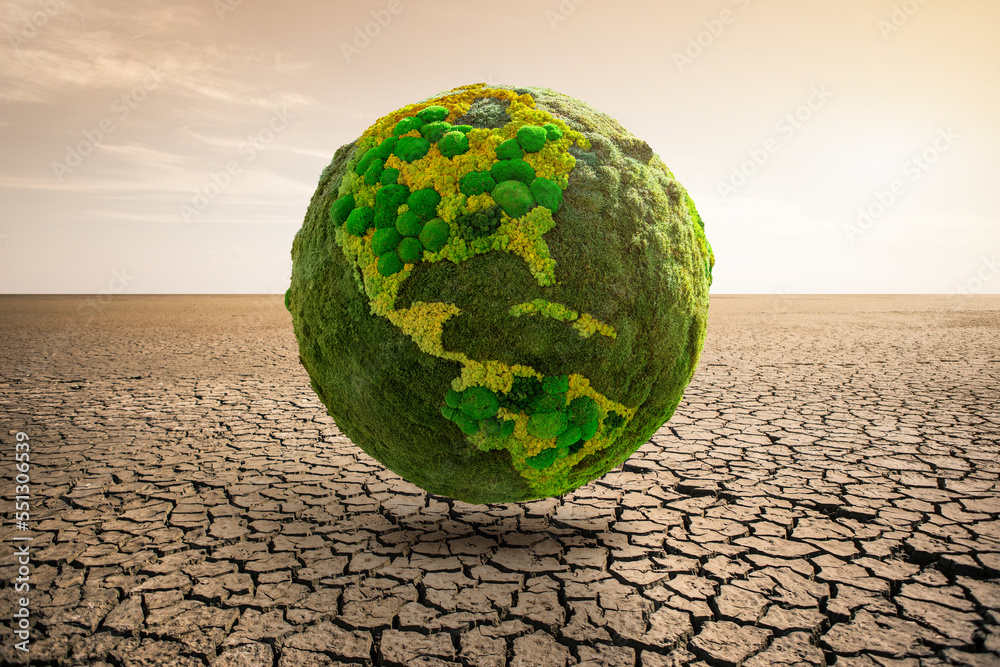 Green planet earth on desert. Symbol of global warming and climate ...