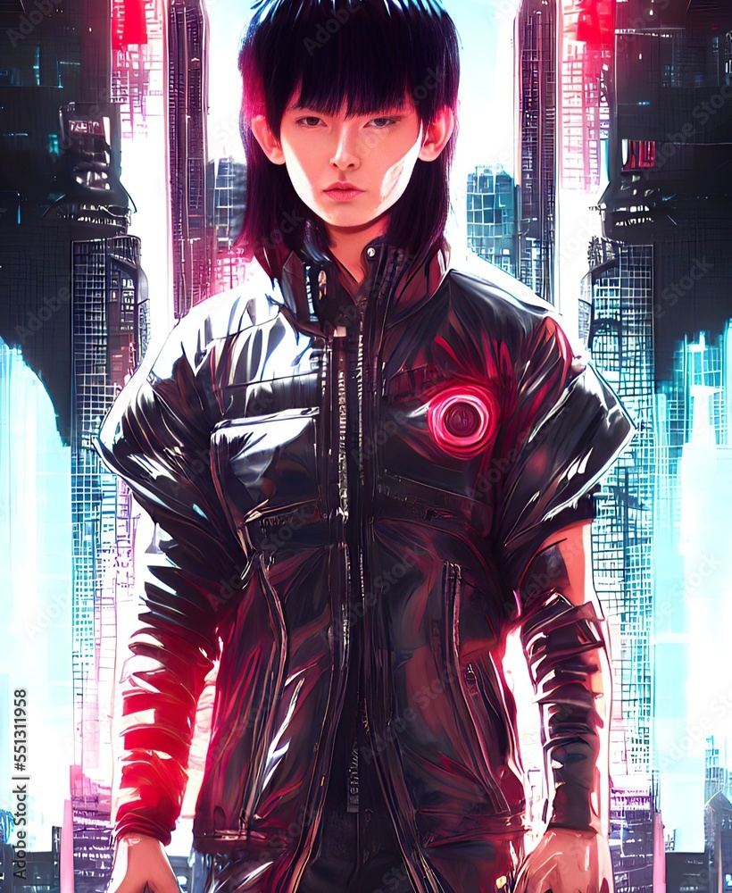 Asian male realistic portrait future cyber city in, leather jacket ...