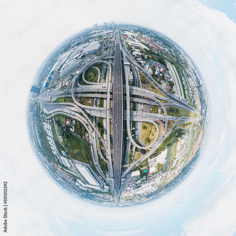 360 Degree Spherical panorama of Multilevel junction motorway top view ...