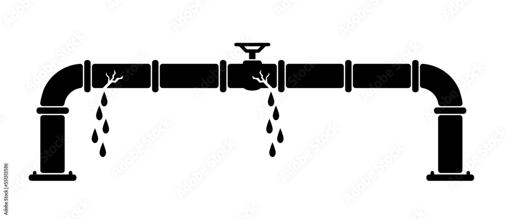 Leakage, broken oil or gas pipeline with fittings and valves. Pipeline ...