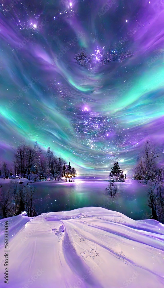Magical winter solstice landscape, violet and icy blue northern lights ...