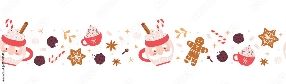 Christmas horizontal seamless border with gingerbread, mug with hot ...