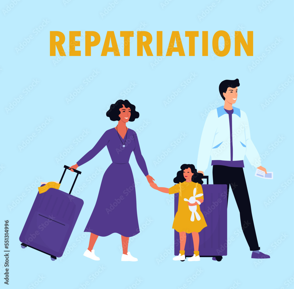 Family with baggage and tickets repatriating. Repatriation concept ...