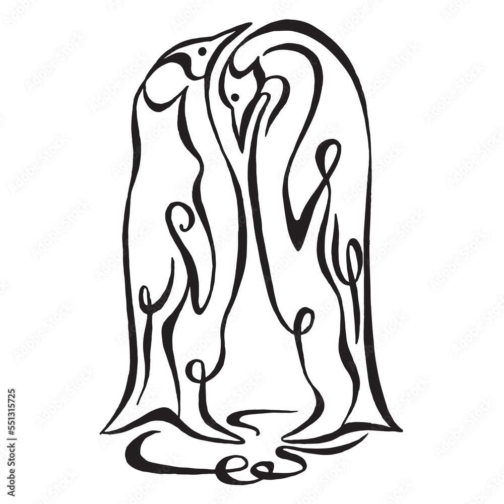 Pair of penguins black and white one line ink drawing. Calligraphic ...