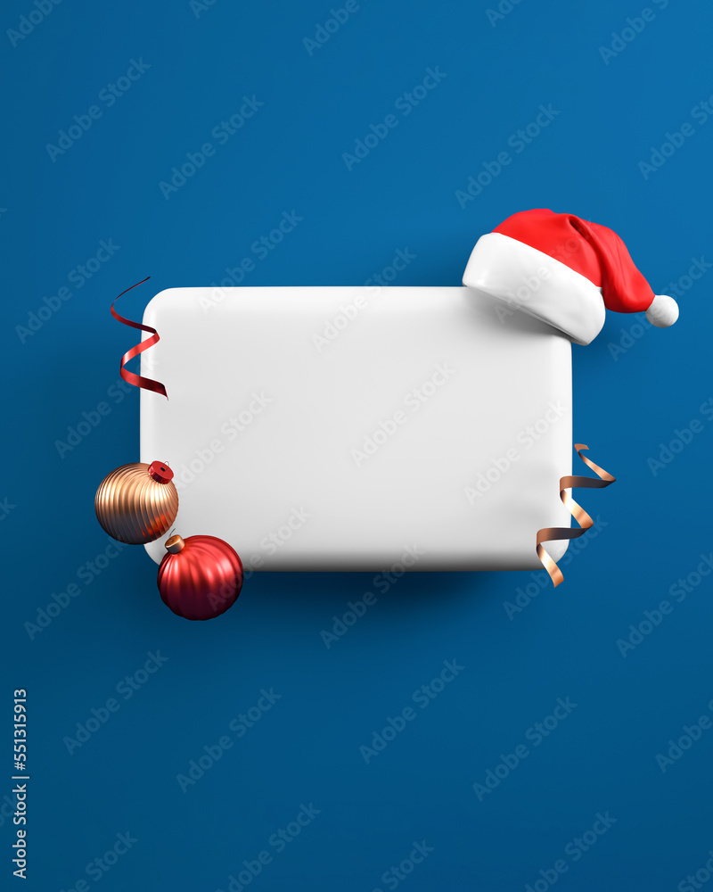 Christmas message text box template with festive ornaments on a blue ...