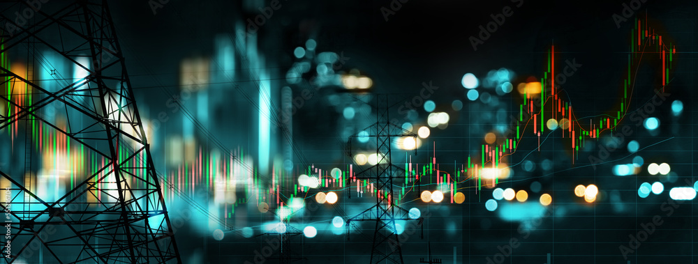 stock market business and electric pole energy industry banner ...