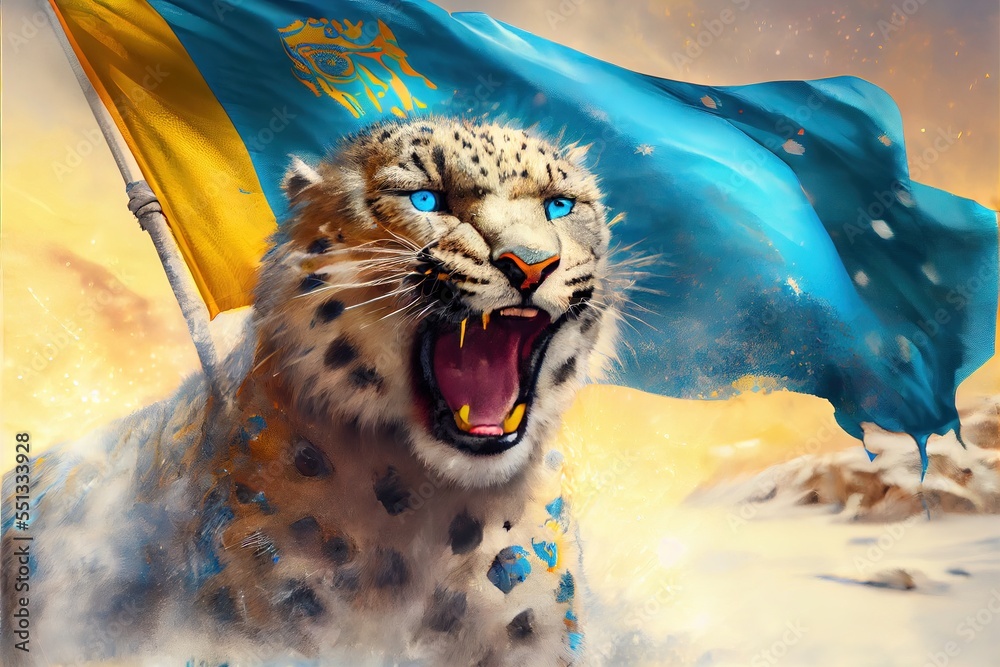 a painting of a snow leopard holding a flag in its mouth and growling ...