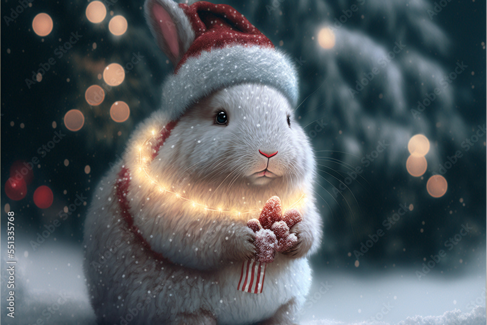 Little tiny bunny dressed up as Santa claus on snowing and christmas ...