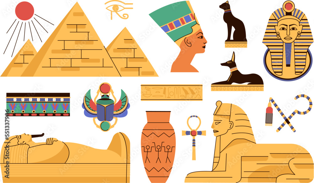 Egypt flat elements, sculpture and egyptian building pyramids. Oasis ...