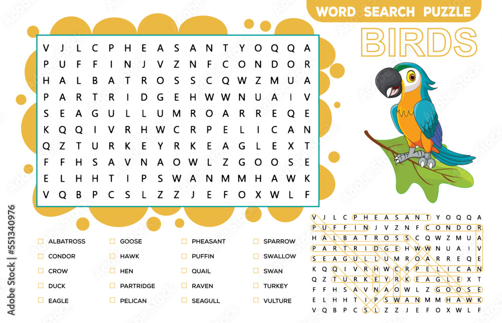 Words search puzzle game of birds animals for preschool kids activity ...