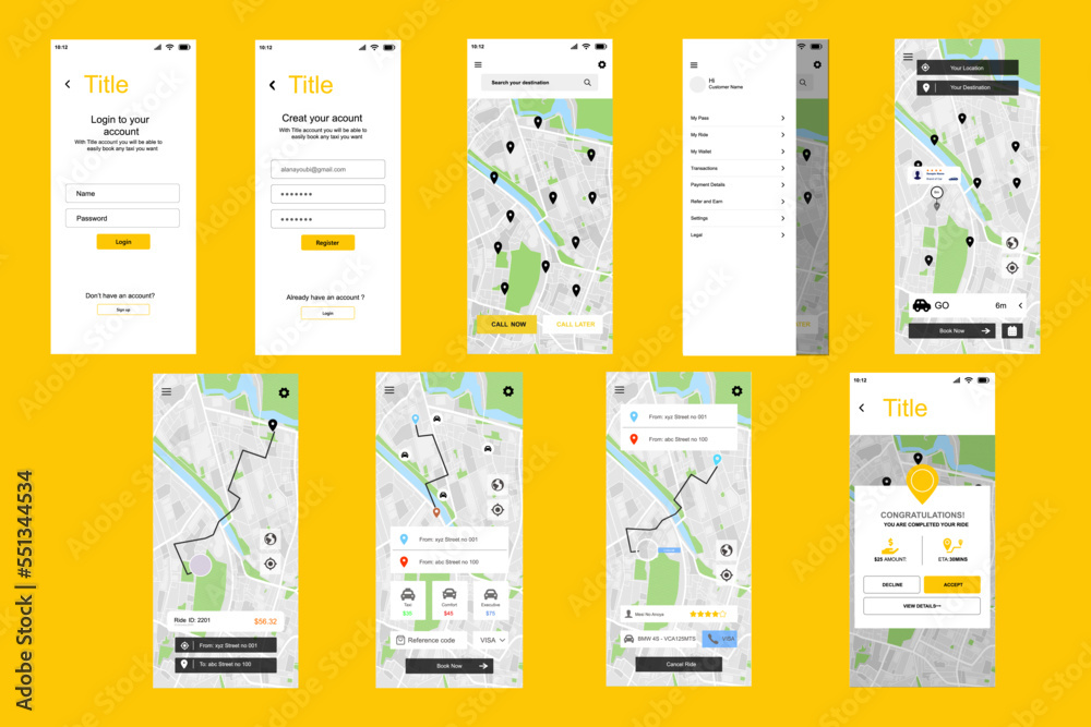 Taxi booking services mobile app UI kit. Cab/Taxi booking services. UI ...