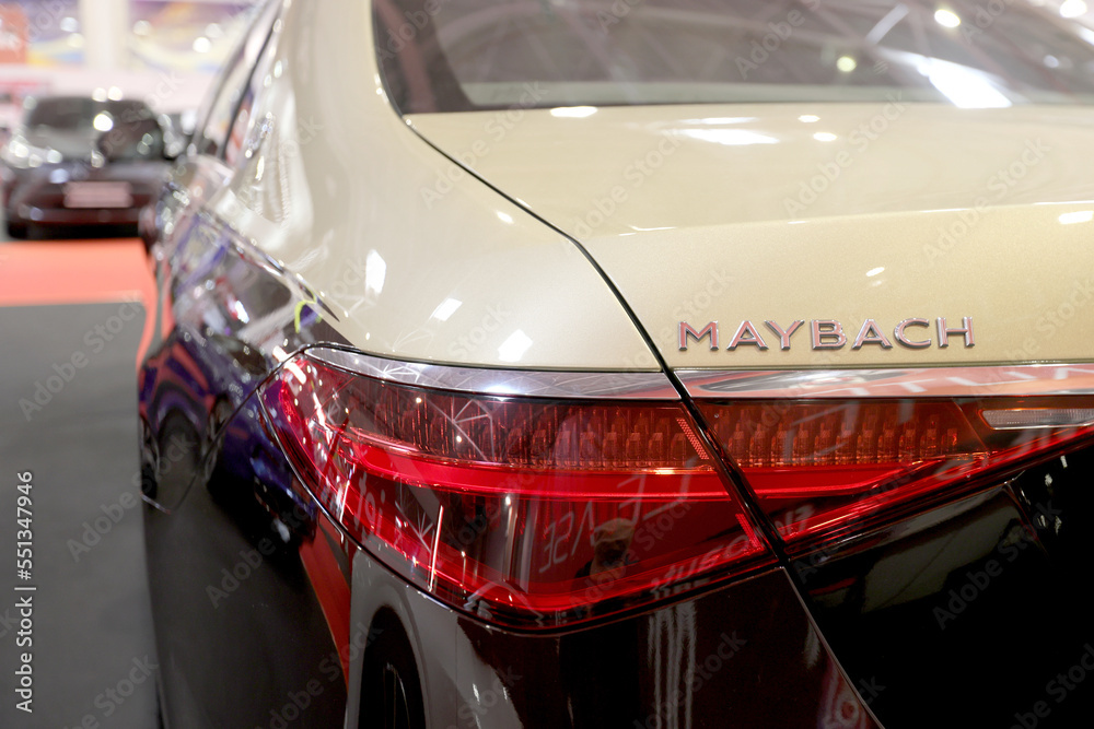 View with logo and detail to the read LED stop light of a Mercedes-Benz ...