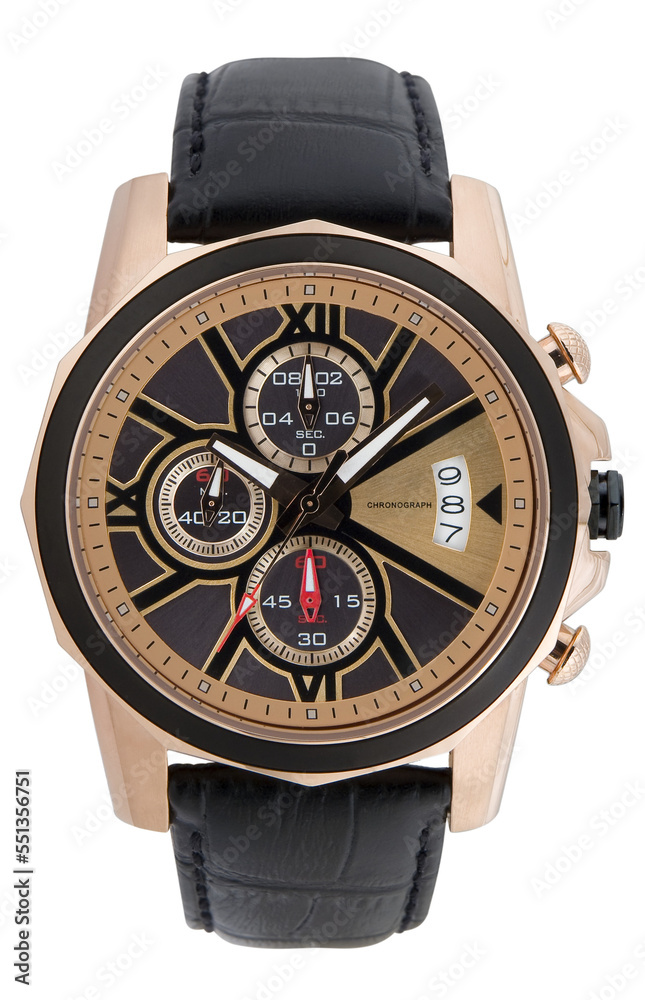 Men wrist watch with gold and leather watch band on transparent png ...