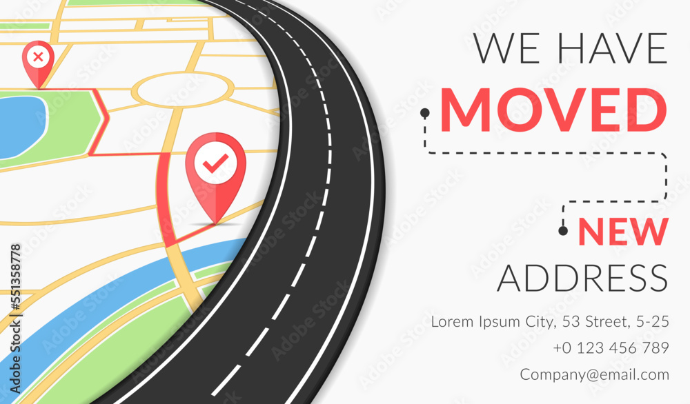 We have moved concept with map, road map pins Stock Vector | Adobe Stock