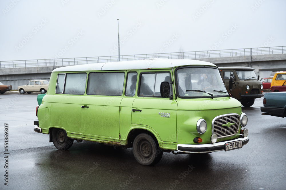 Belarus, Minsk - 30.11.2022:Retro bus Barkas B1000 1990 is parked at ...