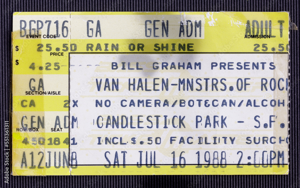 San Francisco, California - July 16, 1988 - Ticket for Monsters of Rock ...