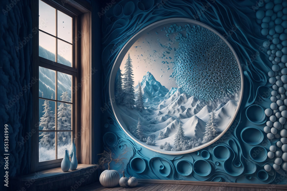 Surreal room design with winter feeling. 3D interior design composition ...
