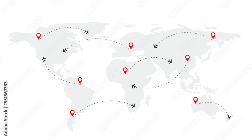 The plane moves along the trajectory. World map with flight routes ...