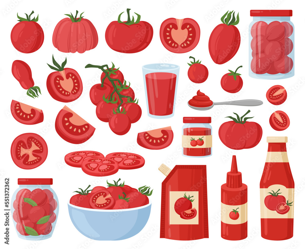 Cartoon tomato food ingredient, red vegetables and ketchup. Cherry ...