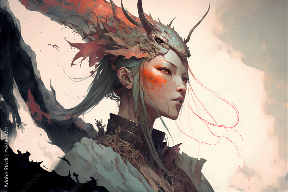 Portrait of a Asian witch dragon woman, red blood angry fantasy human ...