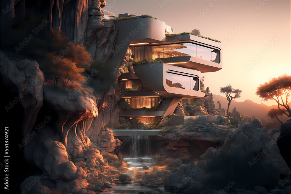 Villa House Building above falling water in a deconstructivist style ...